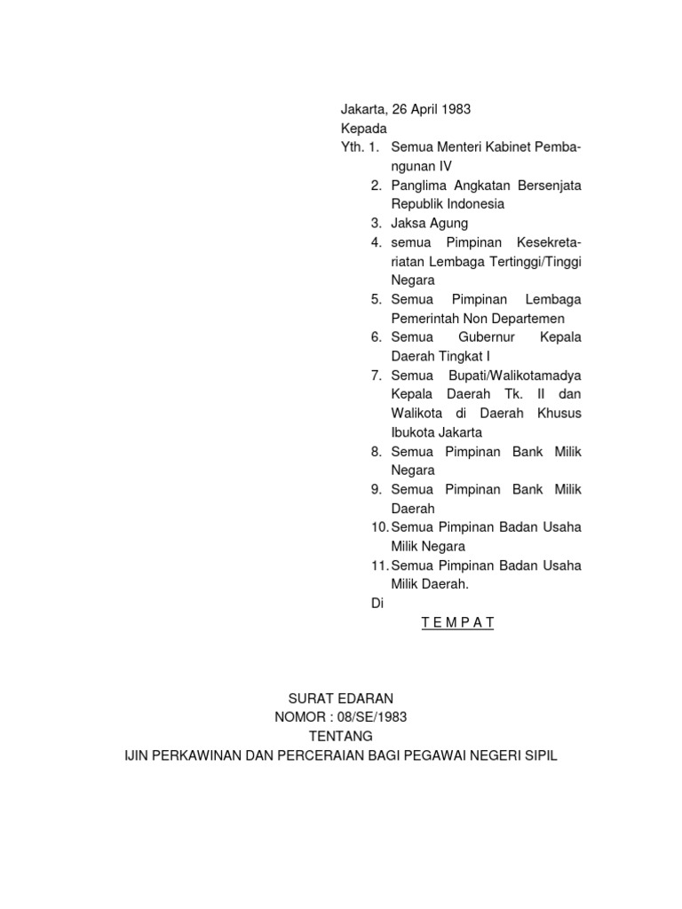 SE Ka BKN Nomor 08 Tahun 1983 Tentang Izin Perkawinan Dan Perceraian Bagi PNS | PDF