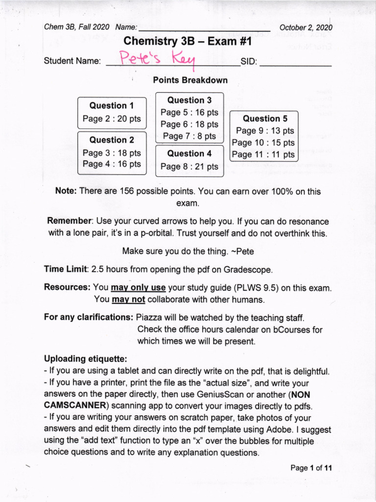 Exam 1 (Chem 3B - Fall 2020) - Key | PDF | Isomer | Chemical Substances