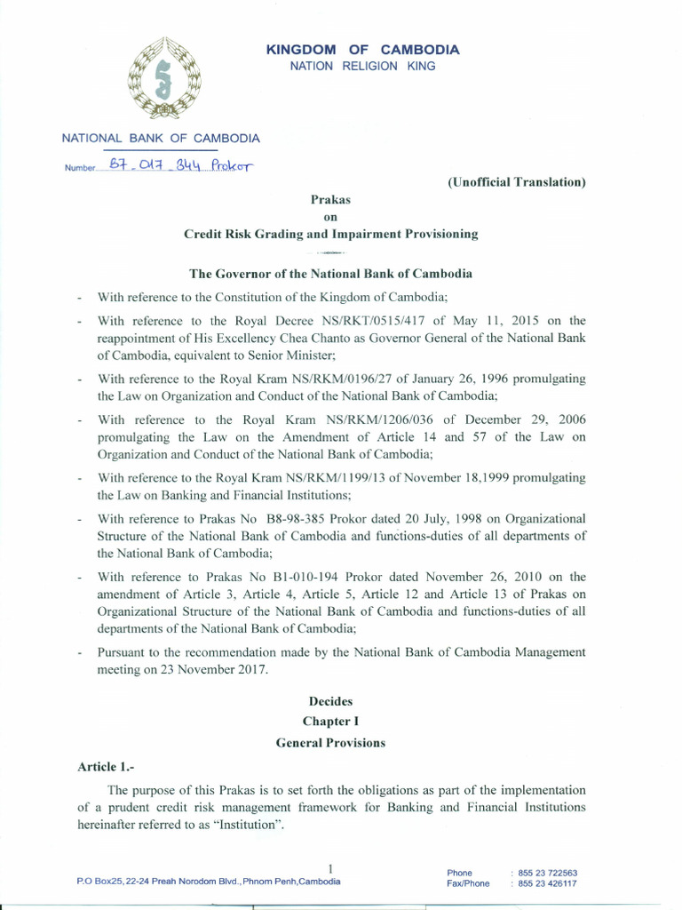 1.prakas On Credit Risk Grading and Impairment Provisioning ENG | PDF