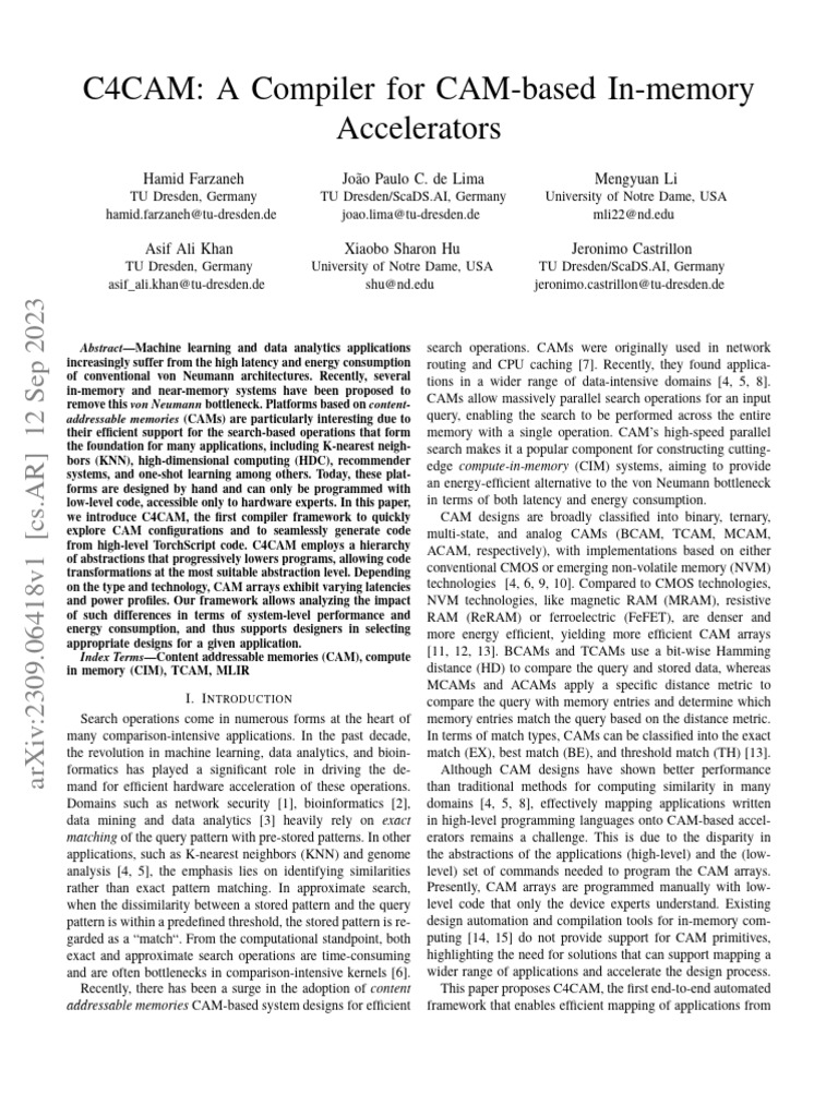 C4CAM: A Compiler For CAM-based In-Memory Accelerators: Hamid Farzaneh ...