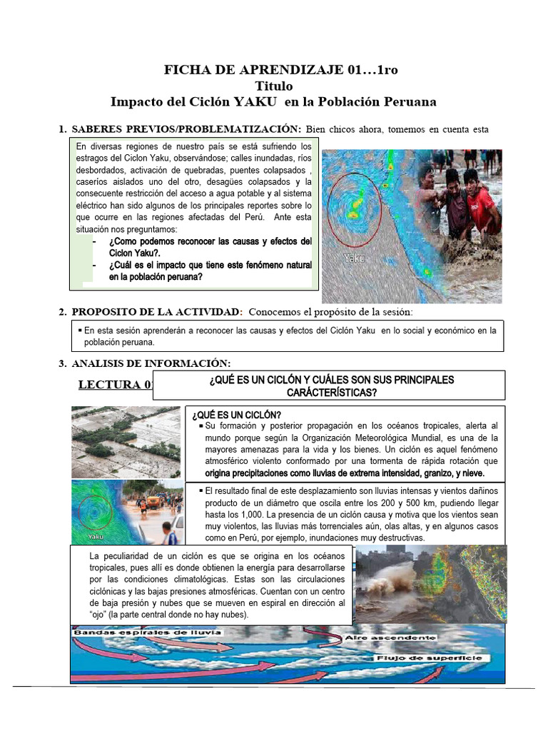 1 Ficha de Aprendizaje CCSS 1° | PDF | Ciclones tropicales | Perú