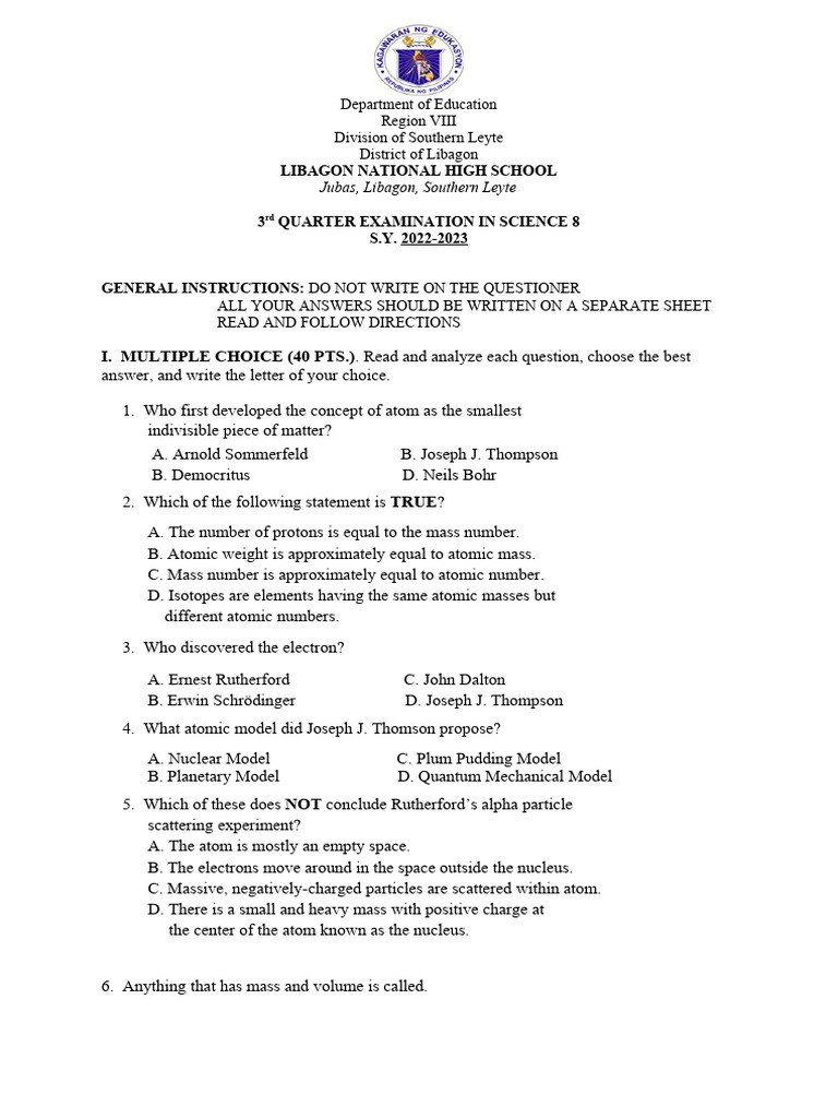 3rd Quarter Exam Science 8 2022-2023 | PDF | Atoms | Atomic Nucleus