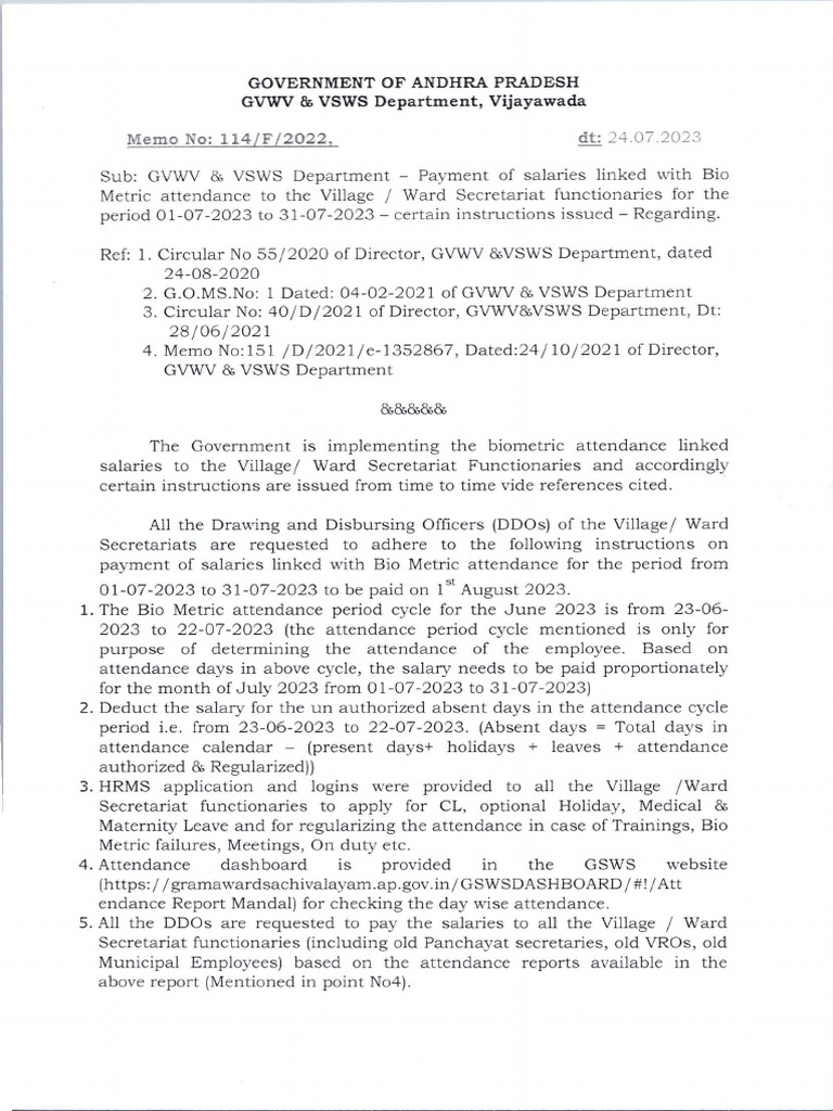GVWV VSWS Department - Payment of Salaries Linked With Bio Metric ...