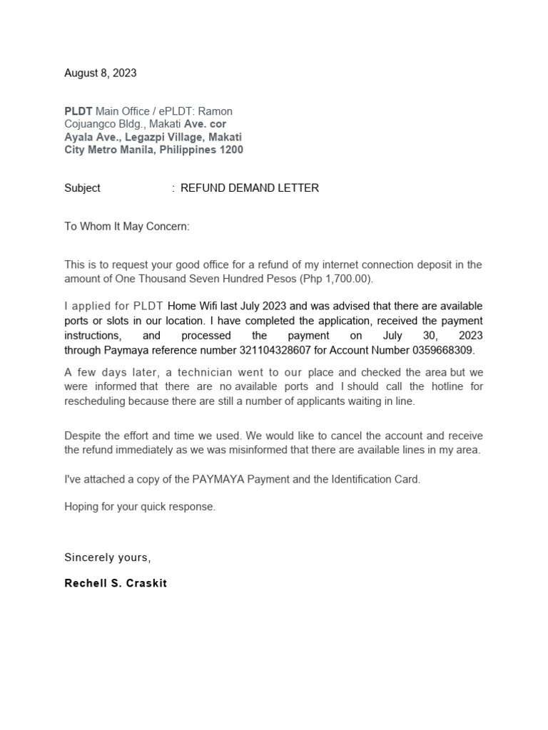 Refund Demand Letter | PDF
