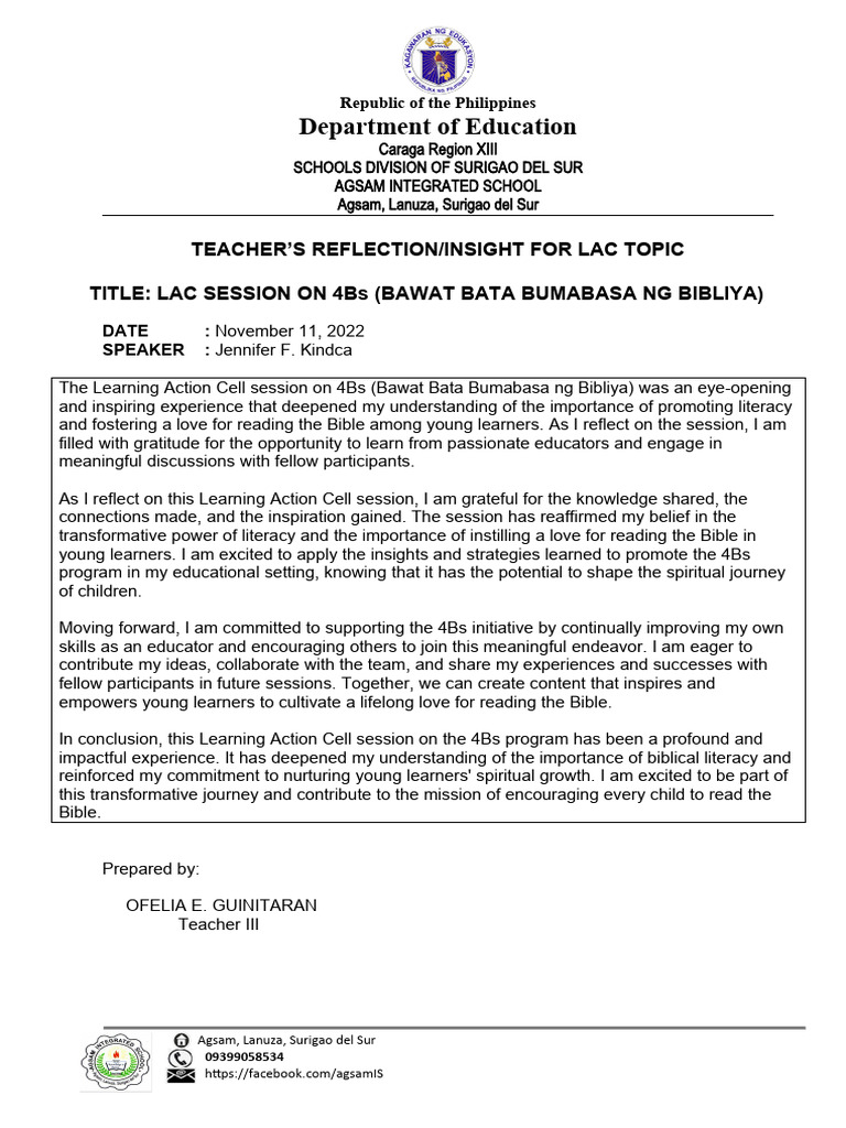 Reflection On 4bs | PDF | Learning | Literacy