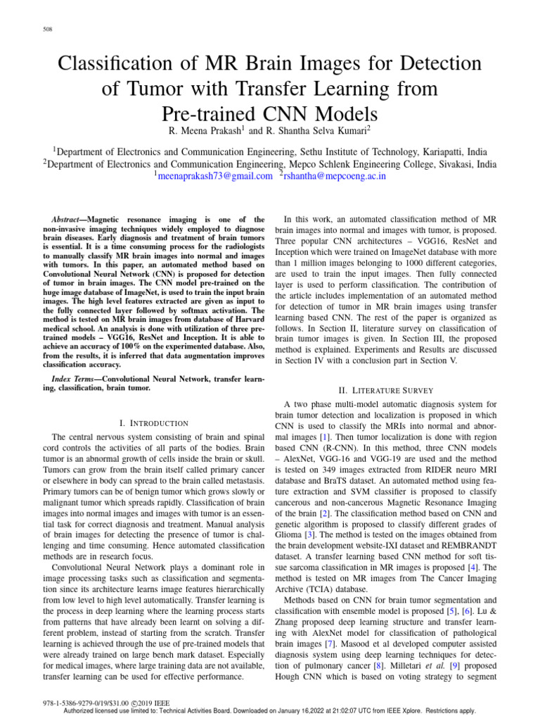 Classification of MR Brain Images For Detection of Tumor With Transfer Learning From Pre-Trained ...