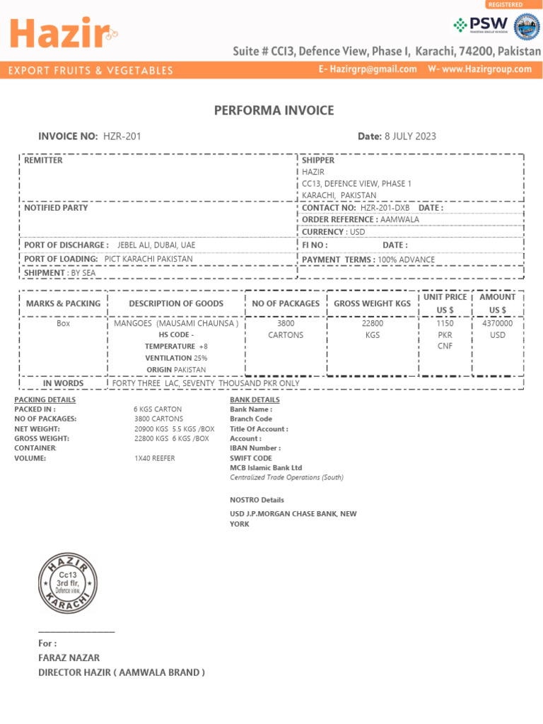 Hazir Mango Performa Invoice Farhan | PDF | Money | Financial Services