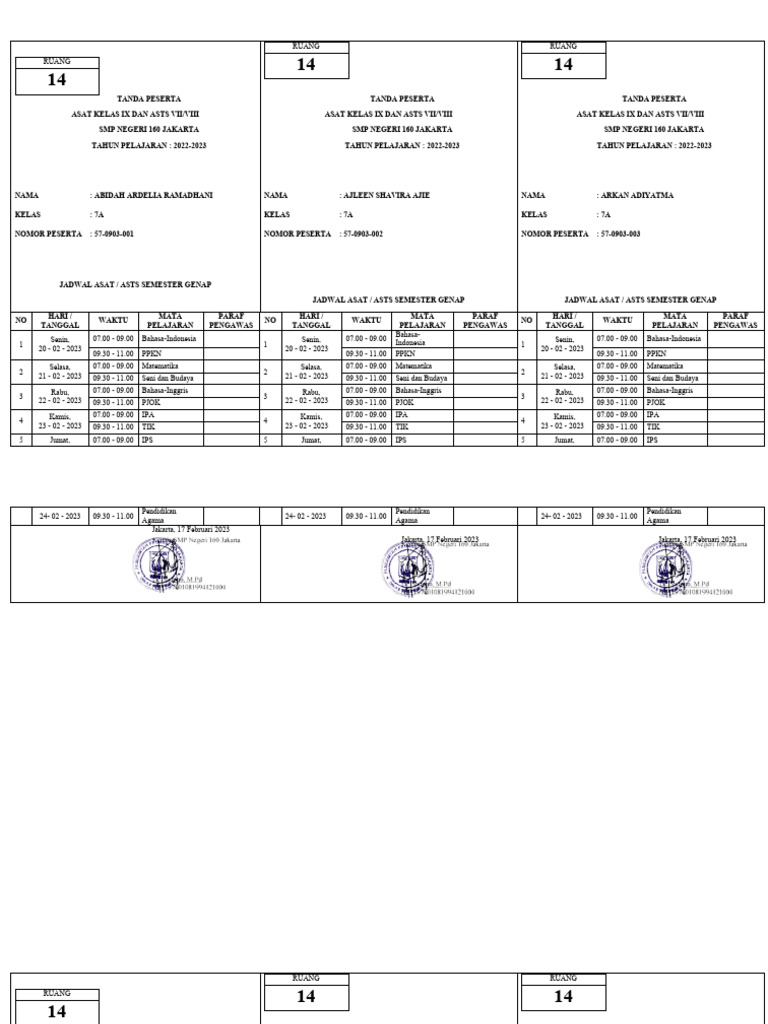 Jadwal Ujian SMPN 160 Jakarta | PDF