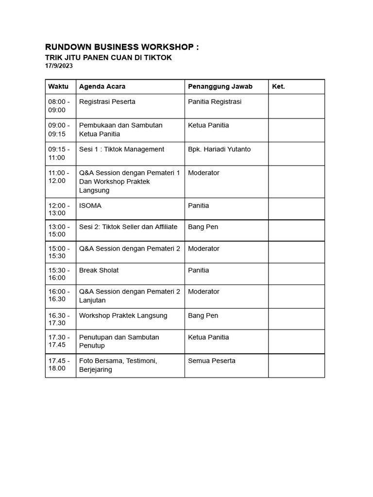 Rundown Business Workshop Tiktok | PDF