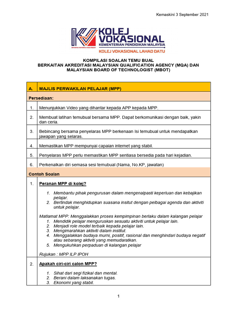 Kompilasi Soalan Temu Bual Mqa & Mbot KVLD | PDF