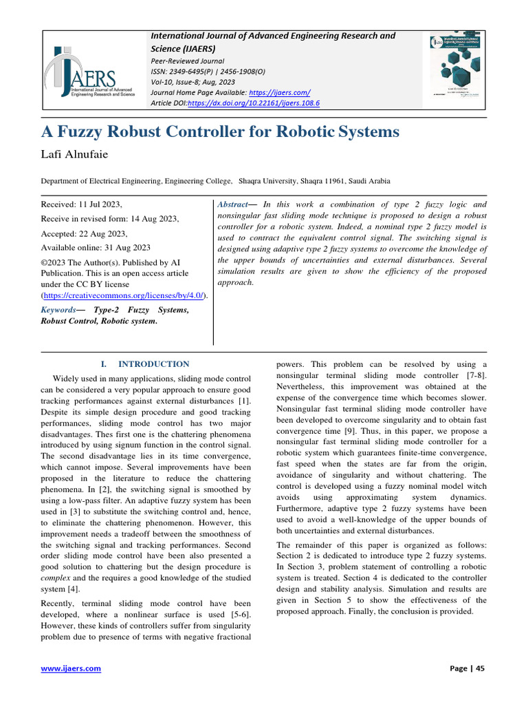 A Fuzzy Robust Controller For Robotic Systems | PDF | Mathematics | Mechanics