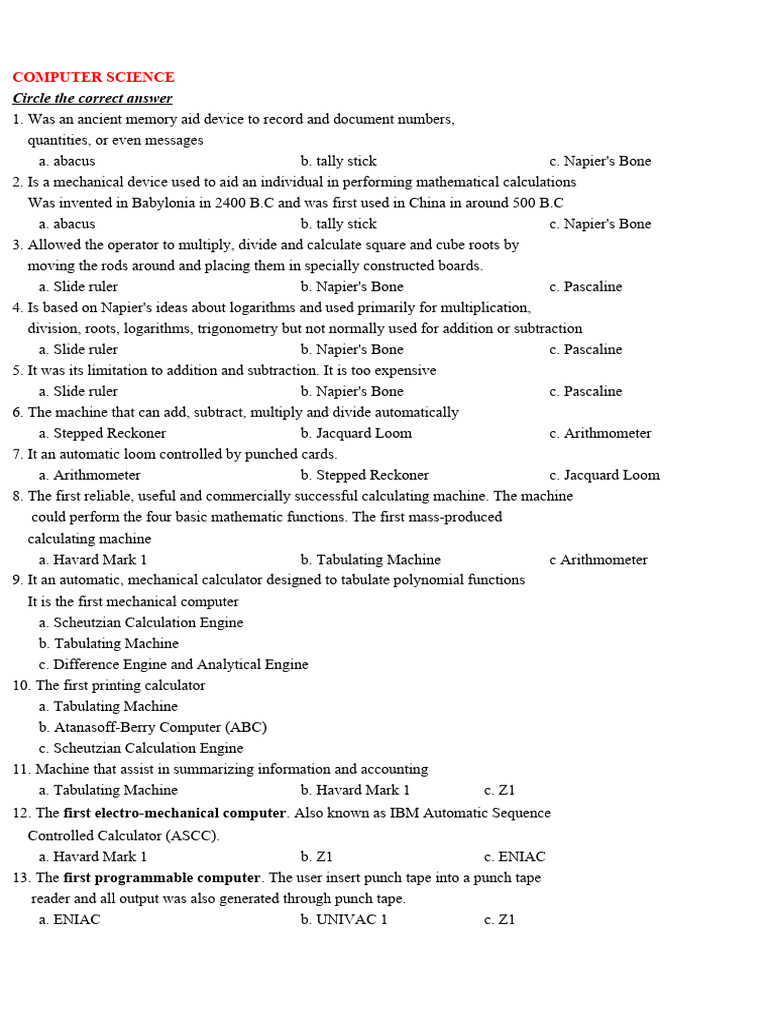 Computer Science Exam Pdf Computer Hardware Equipment 