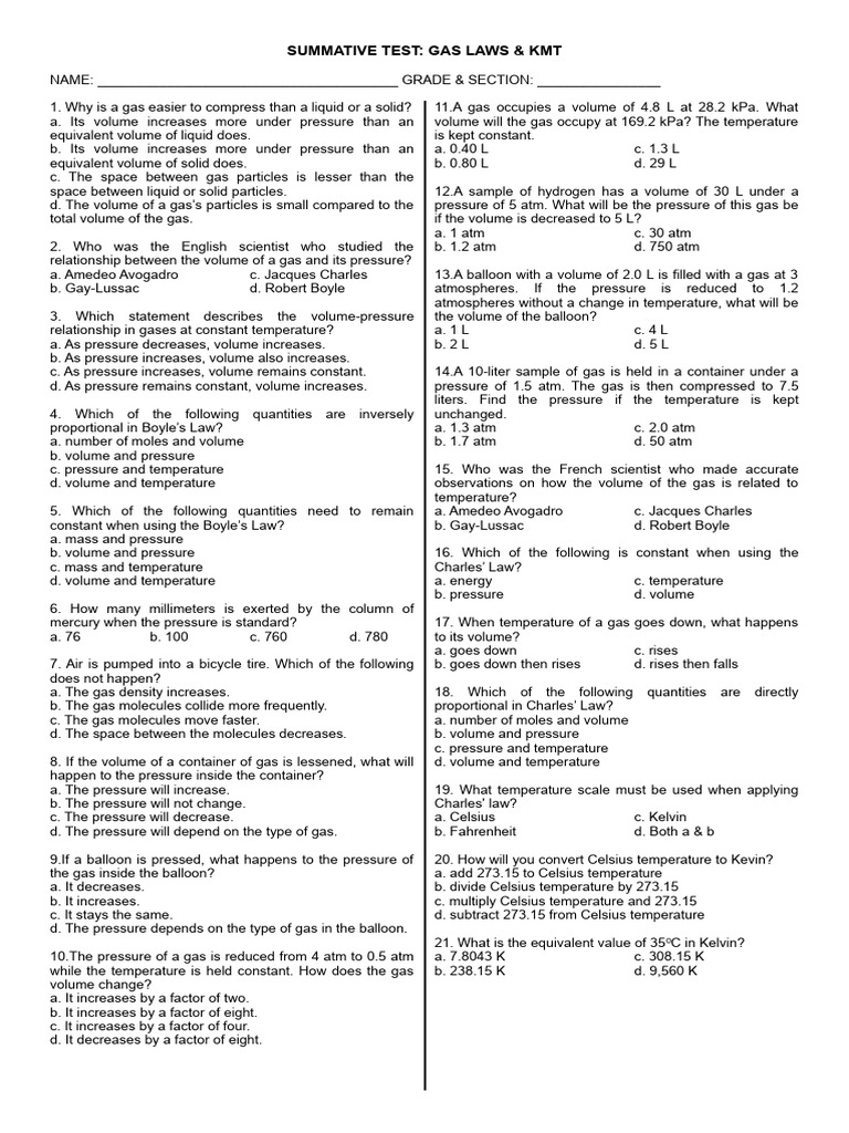 Gas Laws and Kinetic Molecular Theory Test | PDF | Gases | Temperature