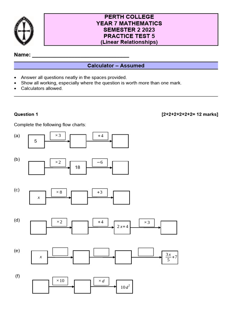 Y7 Practice Test 5 | PDF | Equations | Mathematics