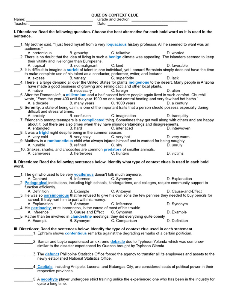 Q1W1 Context Clues-Quiz | PDF