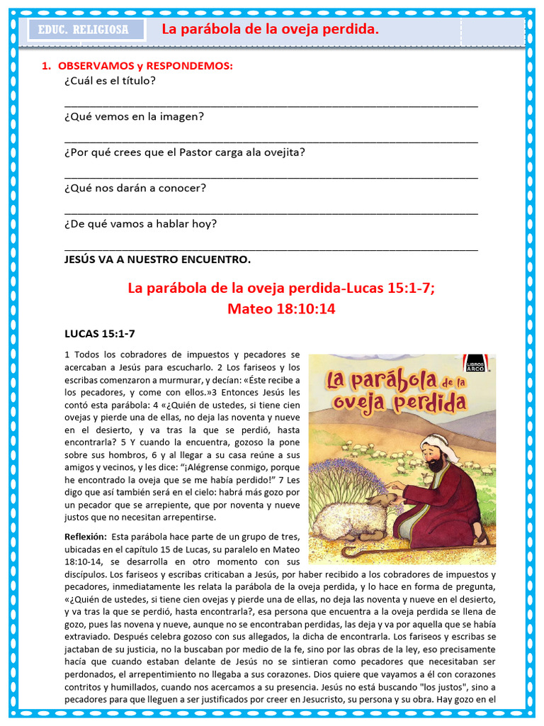 La Parábola de La Oveja Perdida. Ficha | PDF | Parábolas de Jesús | Jesús