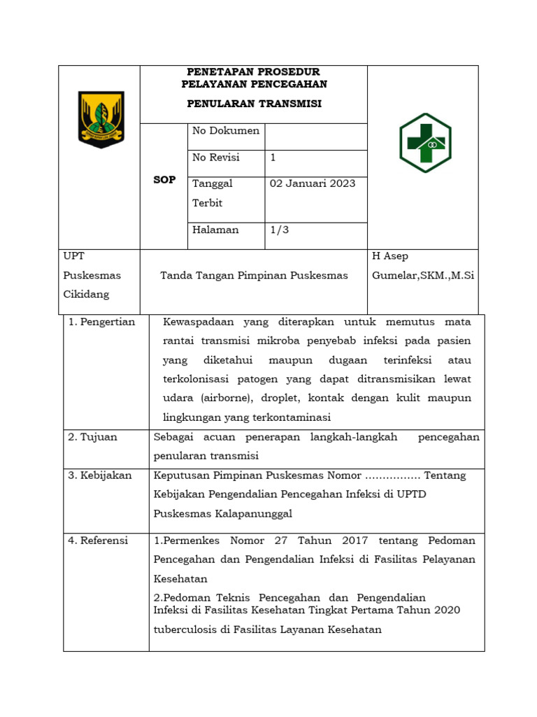 Sop Penetapan Prosedur Pencegahan Transmisi | PDF