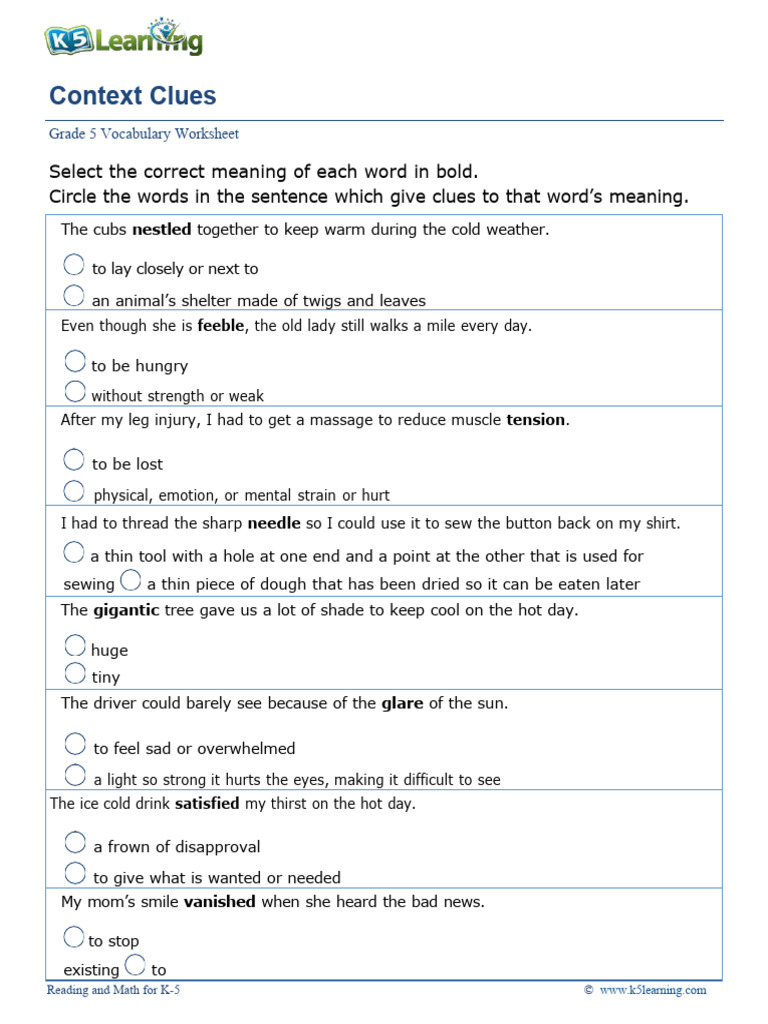 Grade 5 Vocabulary Context Clues | PDF