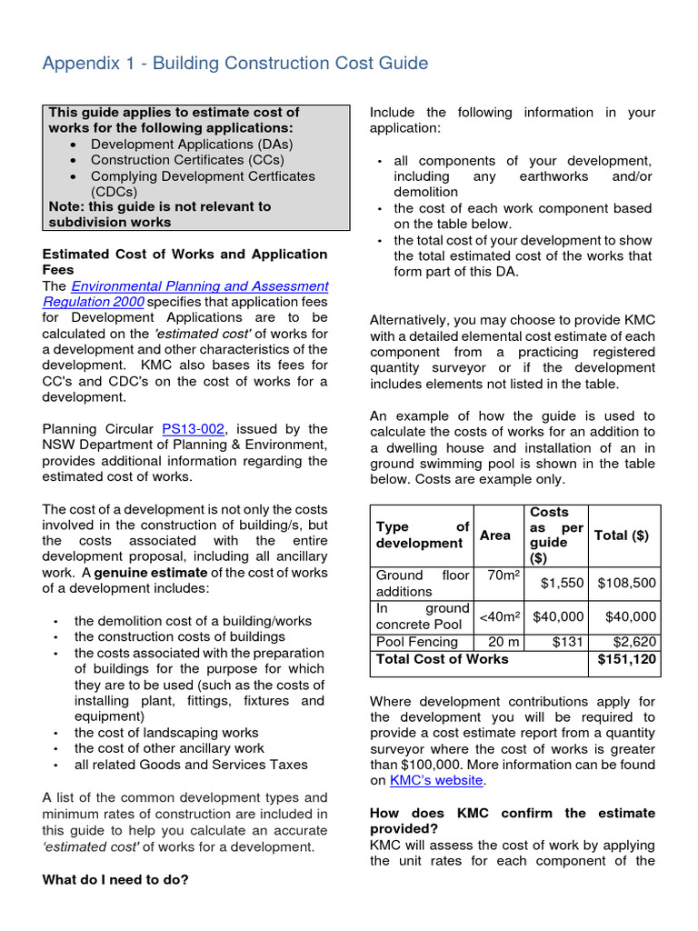 Environmental Services Guide Appendix 1 Building Construction Cost Guide | PDF