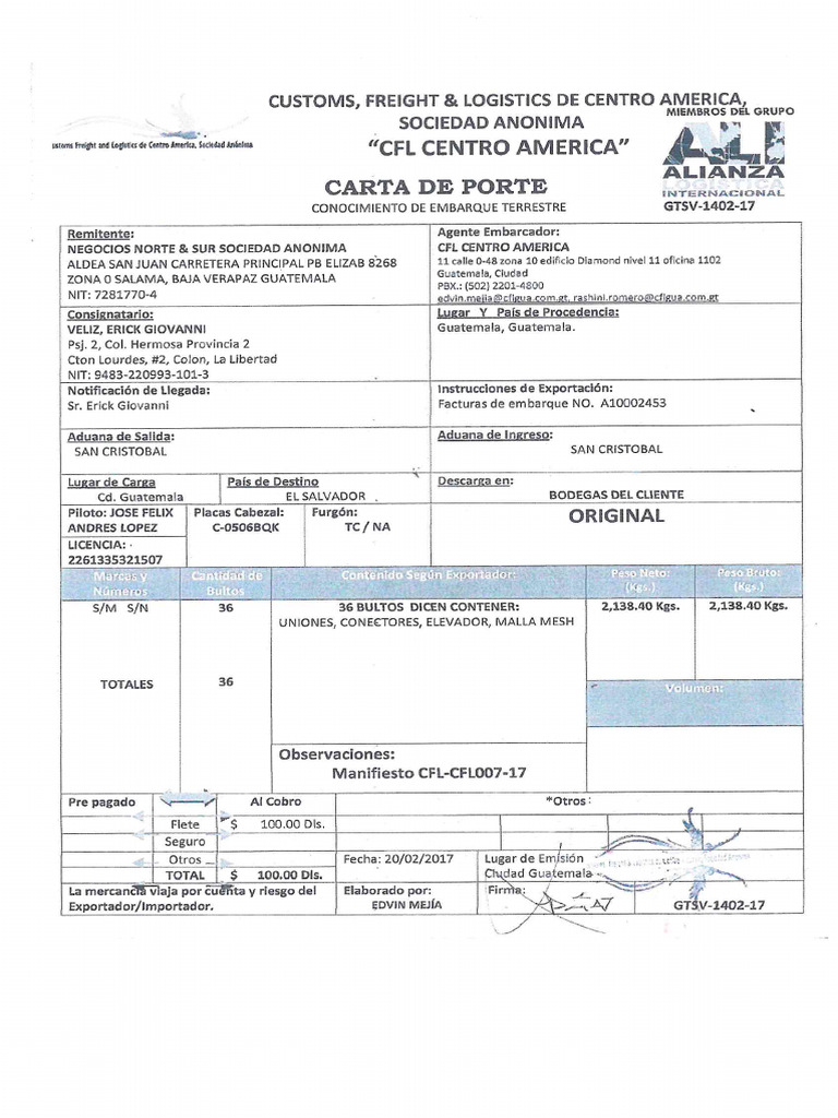 Ejemplo de Carta de Porte | PDF