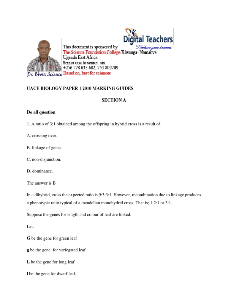 UACE BIOLOGY PAPER 1 2010 Marking Guide | PDF | Luteinizing Hormone ...