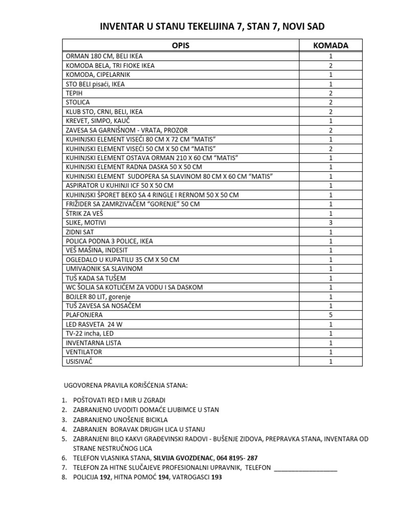 Inventar U Stanu Tekelijina 7 | PDF