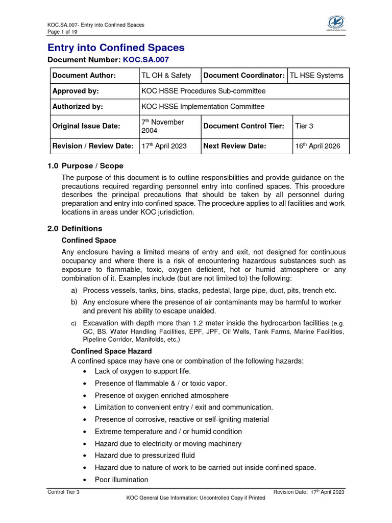 KOC - SA.007 - Entry Into Confined Spaces | PDF | Hazards | Chemistry