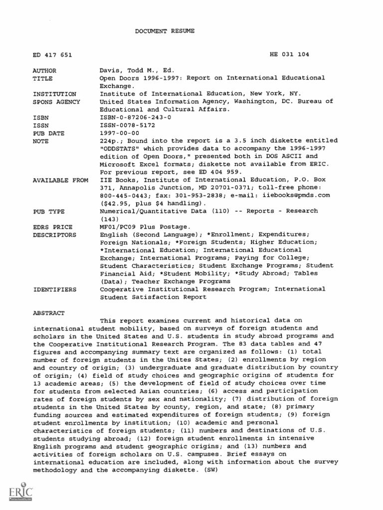 Open Doors 1996-1997 Report On International Educational Exchange ...