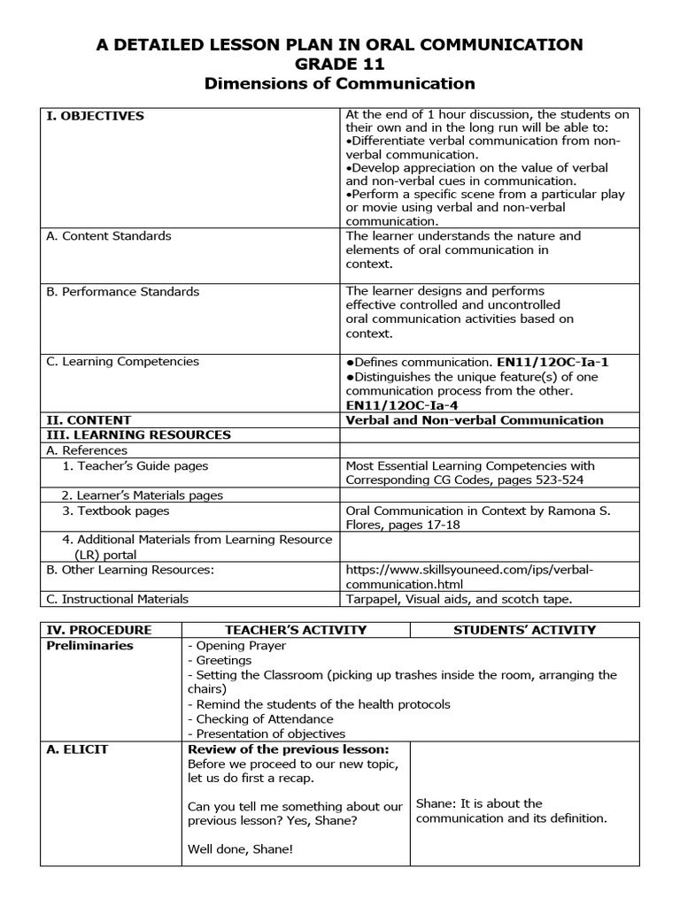 DLP in Oral Communication-Grade 11 | PDF | Communication | Nonverbal ...