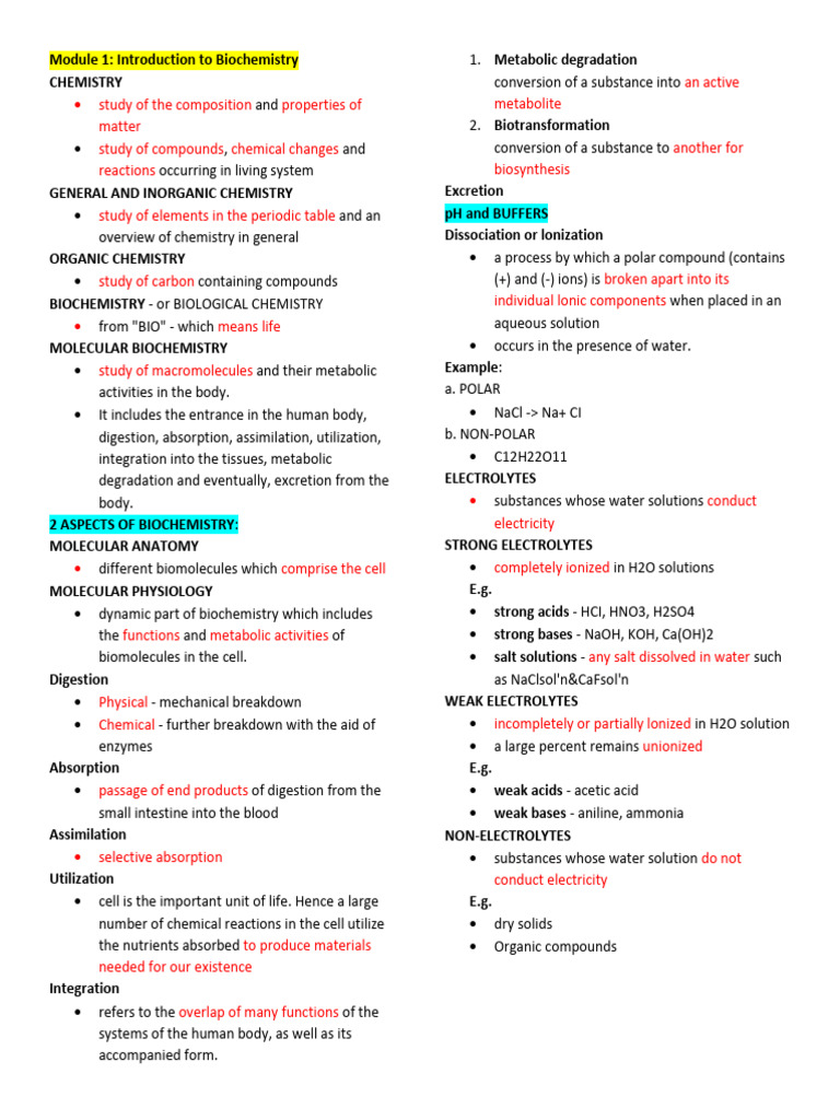 Biochem Module 1 7 Reviewer | PDF | Amino Acid | Cell (Biology)