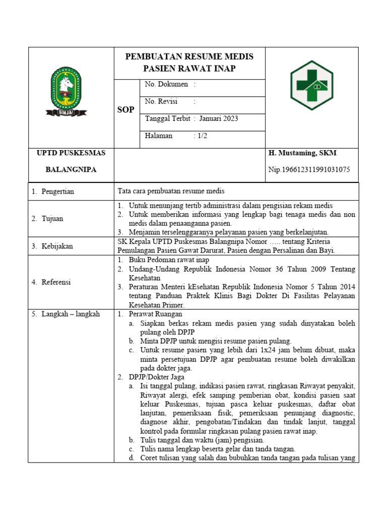 6.sop Pembuatan Resume Medis | PDF