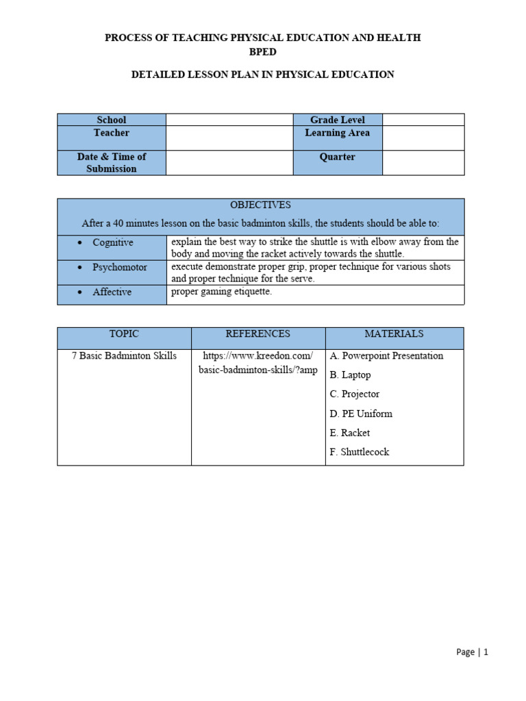 Sample Lesson Plan in Pe | PDF | Athletic Sports | Ball Games