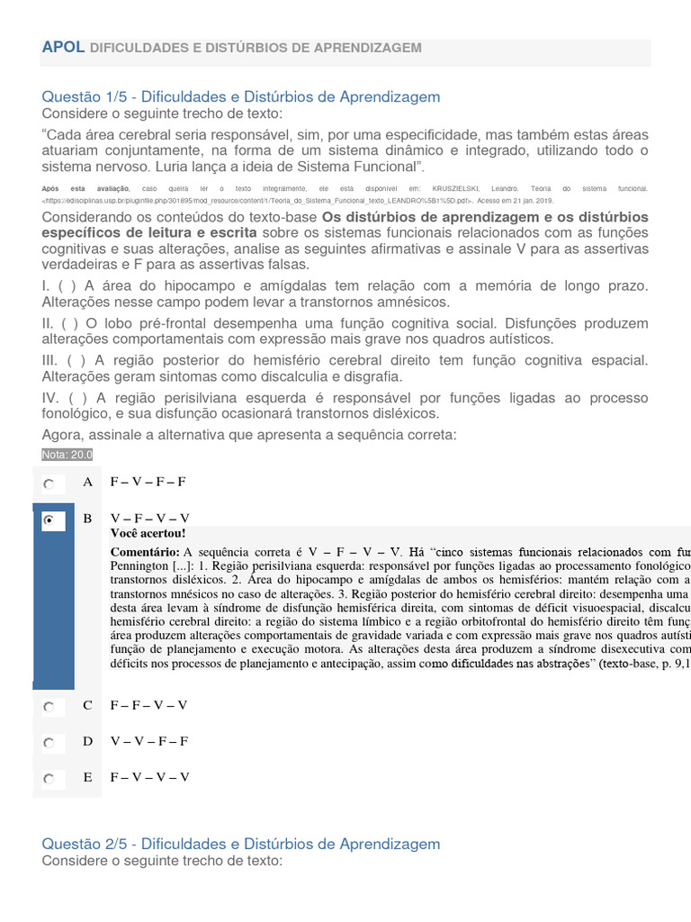 Apol Dificuldades e Distúrbios de Aprendizagem | PDF | Aprendizado ...