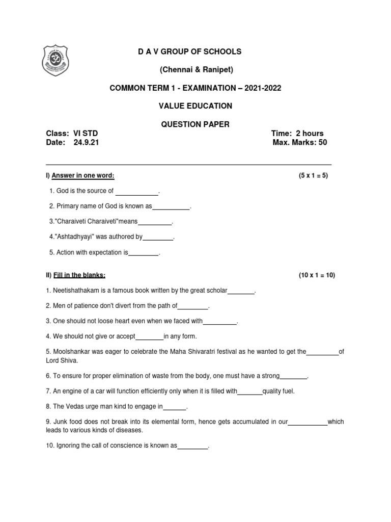 Class Vi Ve QP T1 24.09.21 | PDF | Indian Religions