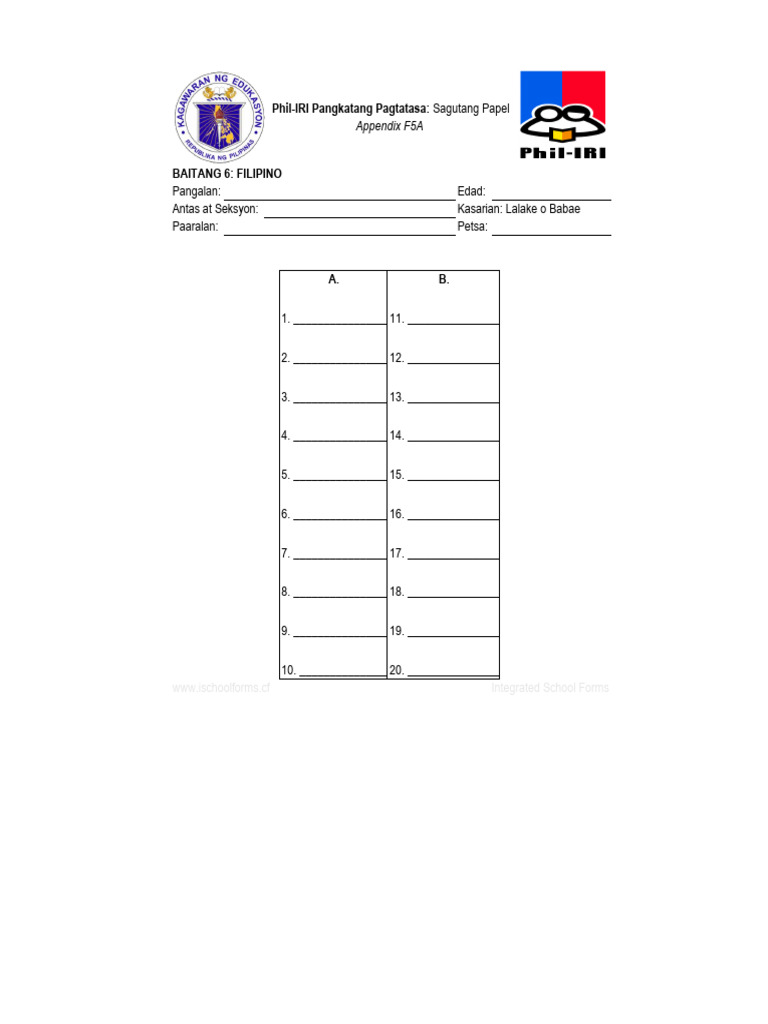 Phil-IRI Answer Sheet Grade 6 (English - and - Filipino) 1 | PDF