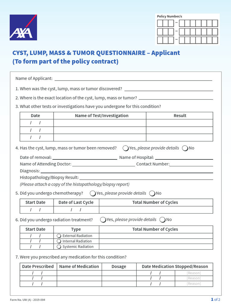 Cyst Lump Mass Tumor+questionnaire Applicant | Download Free PDF ...