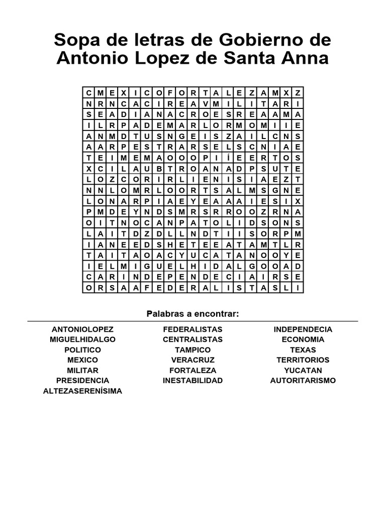 Sopa de Letras de Gobierno de Antonio Lopez de Santa Anna | PDF
