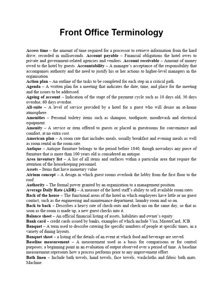 Front Office Terminology | PDF | Credit Card | Hotel