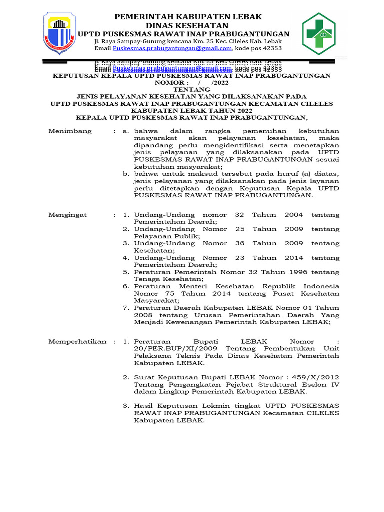 Keputusan Kepala Uptd Puskesmas Rawat Inap Prabugantungan | PDF