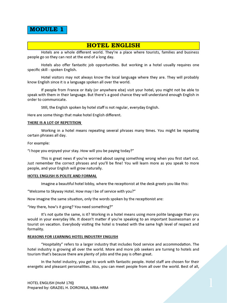 Module 1 Hotel English | PDF