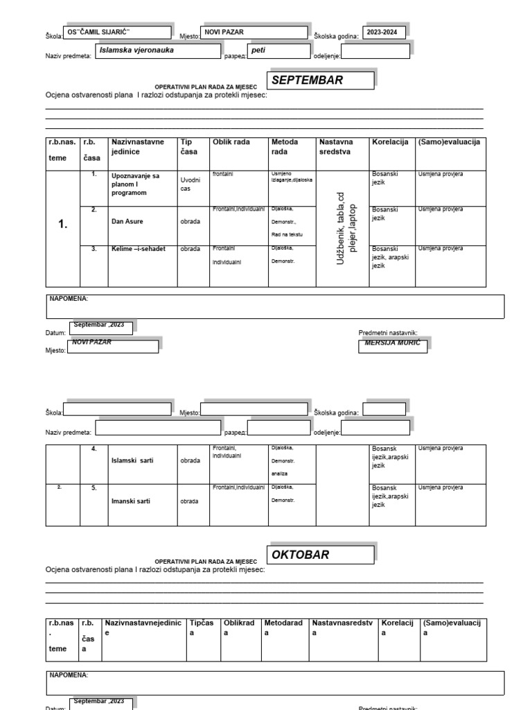 Nastavni Plan Za 5 Razred | PDF