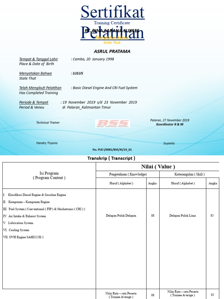 Basic Diesel Engine Training Certificate | PDF | Vehicles | Engines