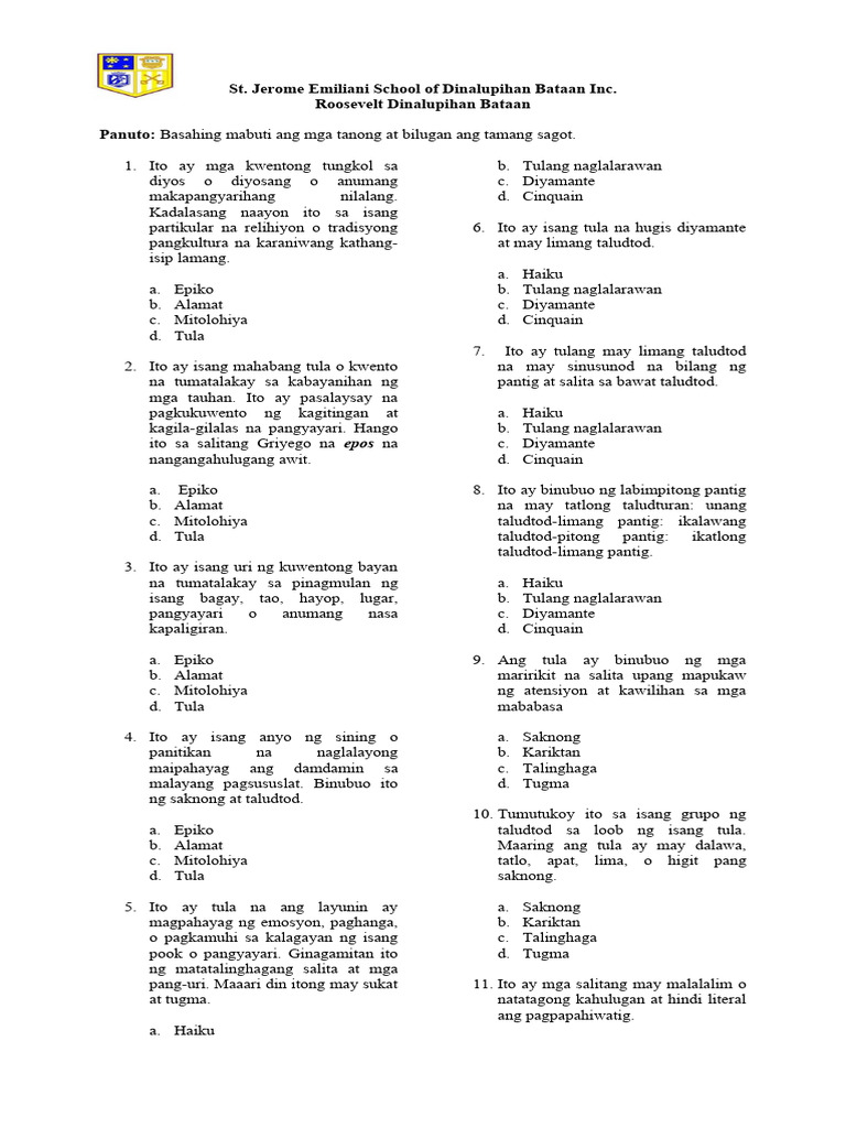 Filipino Quarter3 Unit Test | PDF
