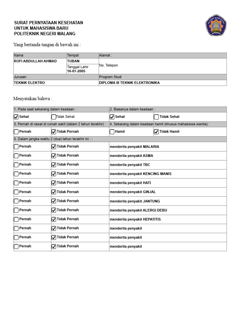 Surat Pernyataan Kesanggupan Polinema | PDF