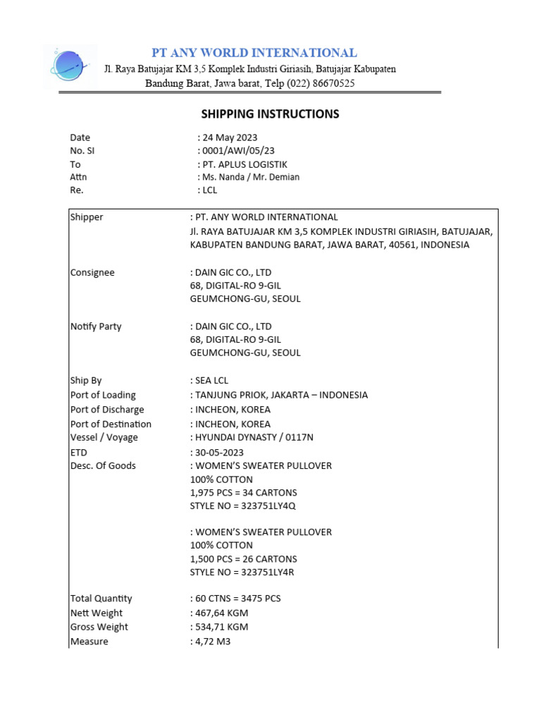 Shipping Instructions for LCL Shipment | PDF