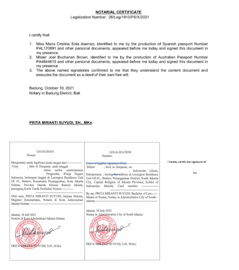 Contoh Redaksi Legalisasi Notaris ENG | PDF