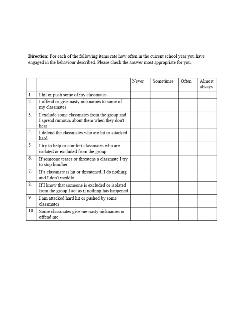 Bullying 10 Questionnaire | PDF