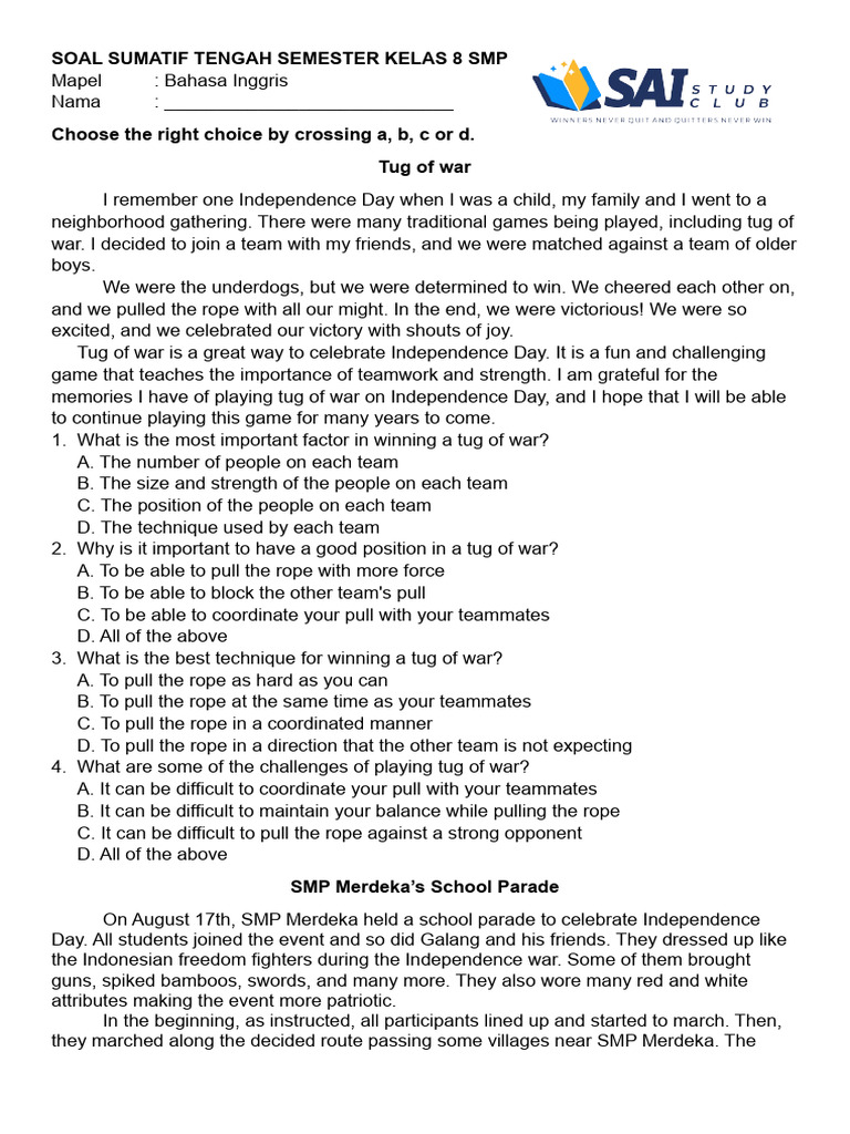 Soal Sumatif Tengah Semester 1 Kelas 8 SMP - English - 1 | PDF