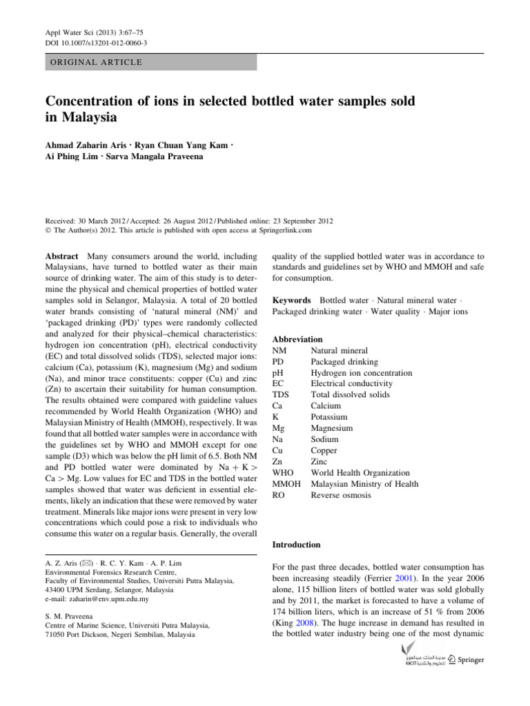 Concentration of Ions in Selected Bottled Water Samples Sold in ...