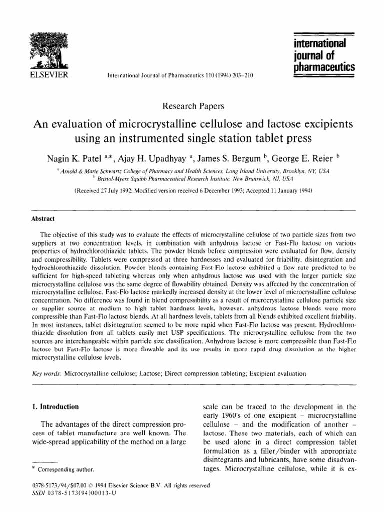 An Evaluation of Microcrystalline Cellulose and Lactose Excipients ...